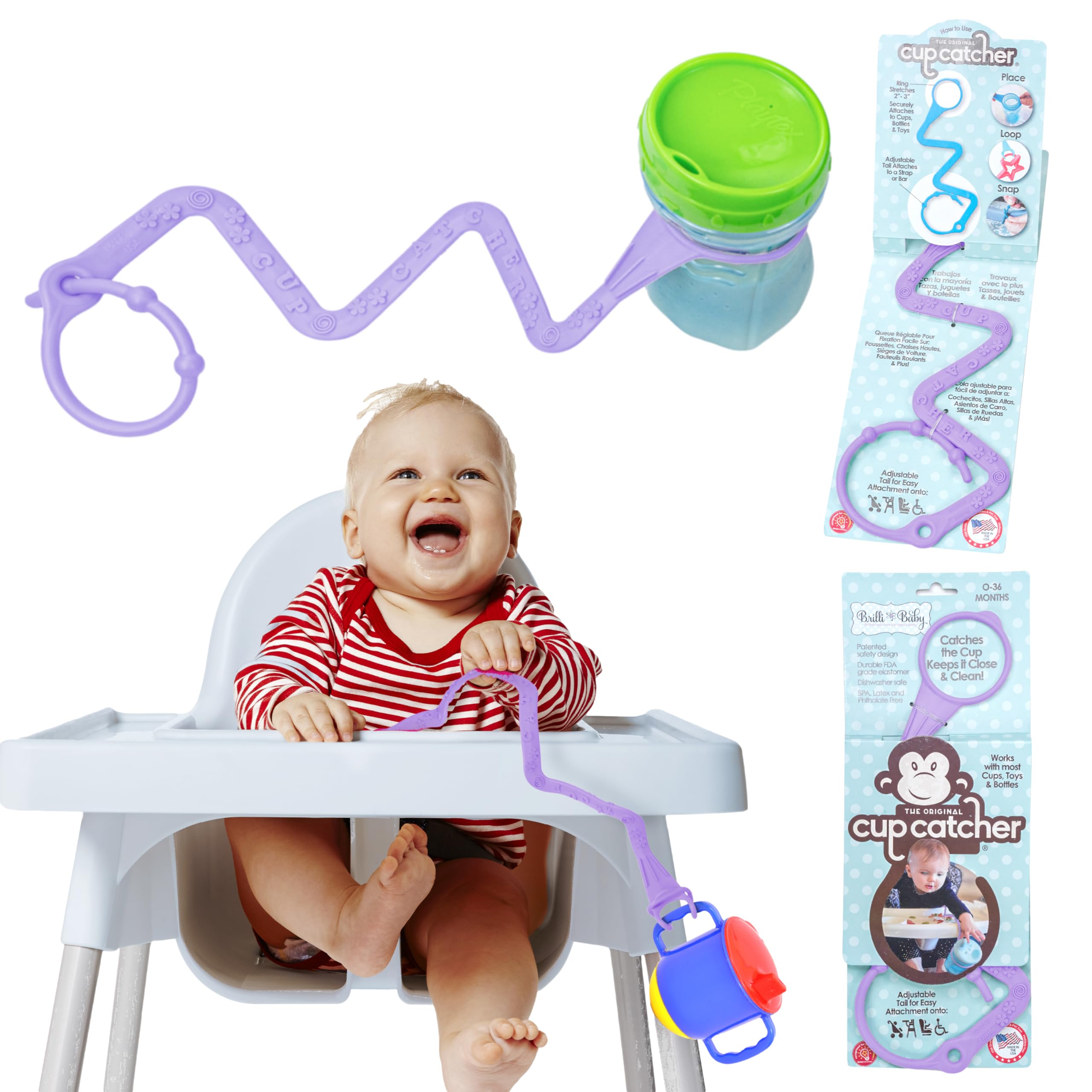 Brilli Baby Cup Catcher Patented Safety Tether Strap, Attach Sippy Cups, Bottles, Toys, Pacifiers to Stroller, High Chair, Car Seat, Made in USA, Food Grade, Dishwasher Safe (Lavender)