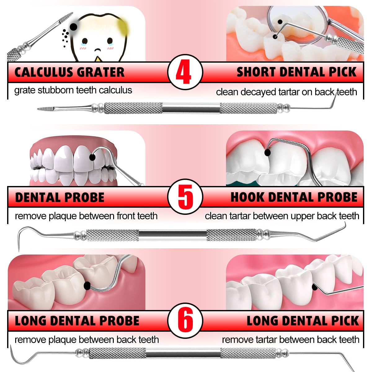 Antonki 6 Pack Teeth Cleaning Dental Tools, Plaque Remover Dental Hygiene Kit, Stainless Steel Professional Tooth Tartar Scraper for Home Use - with Case