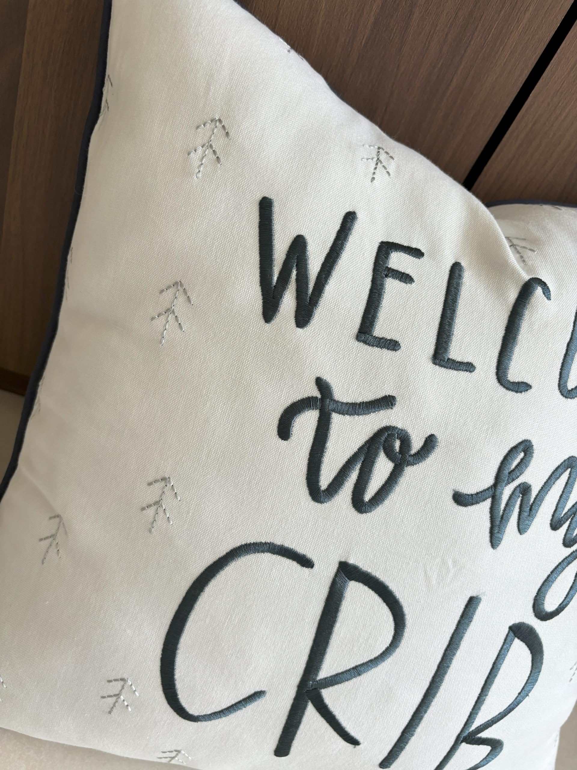 VAGMINE Welcome to My Crib Quote Embroidered Decorative Square Accent Throw Pillowcase - Nursery Decor, Boys Room Decor - 18x18 Inches, Ivory