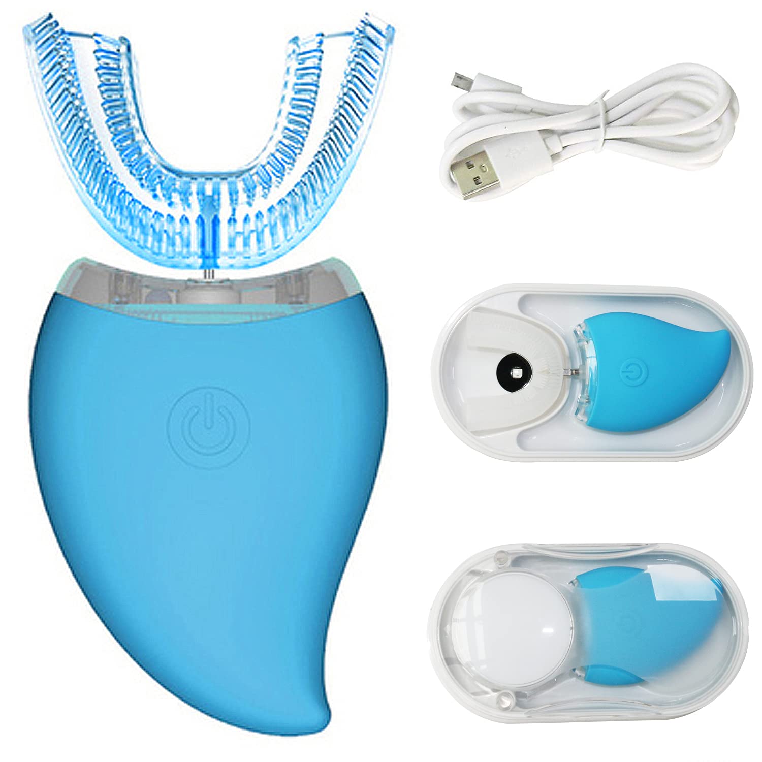 BESUNTEK 360°Ultrasonic Electric Toothbrush Sonic Toothbrush for Adults,Waterproof Washable and Reusable Sonic Automatic Toothbrush with U-Shaped Silicone Toothbrush Head (Blue)