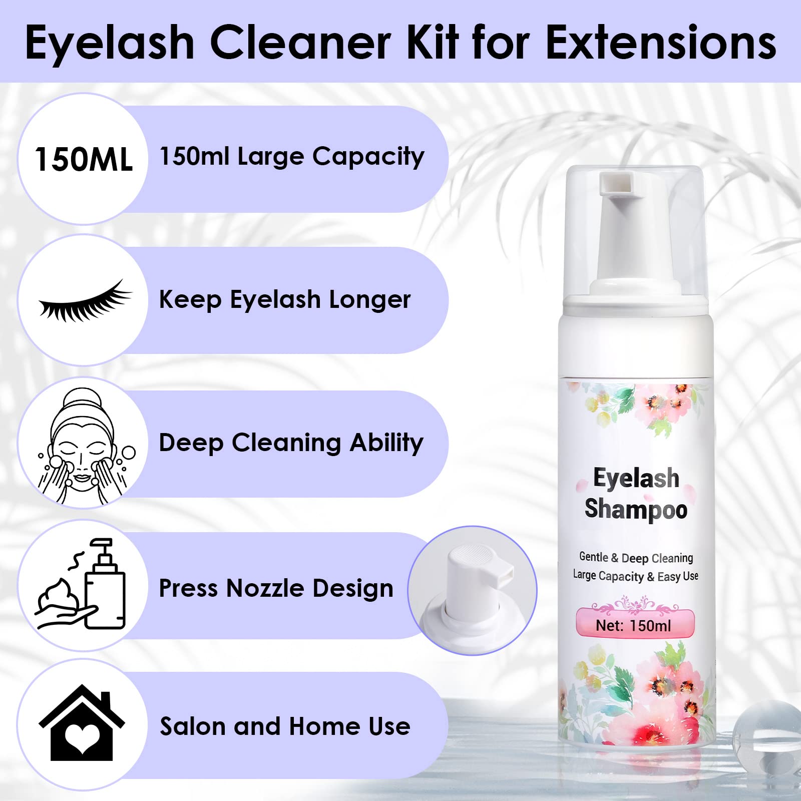 150ml/ 5.07 fl. oz Eyelash Extension Cleanser with Eyelash Fan Dryer, Lash Shampoo for Extension with Makeup Remover Pad Cleaning Brush, Paraben Sulfate Free Eyelash Shampoo for Salon Home Use