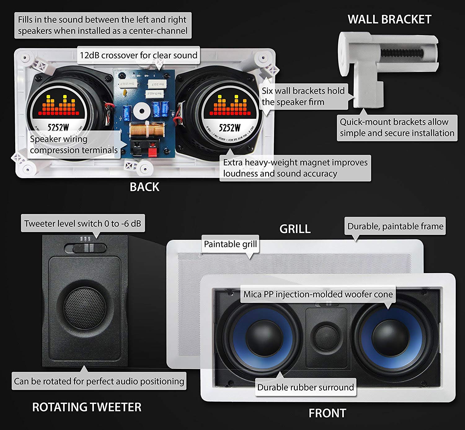 5252W Silver Ticket in-Wall Speaker with Pivoting Tweeter (Dual 5.25 Inch in-Wall Center Channel)