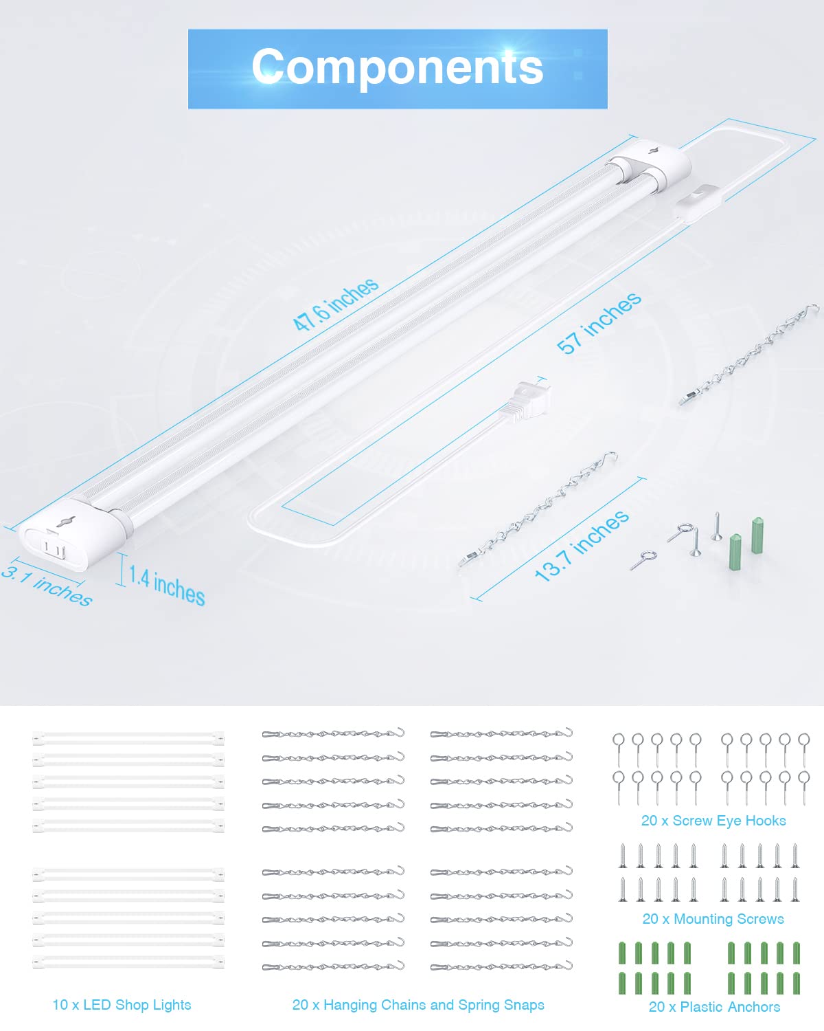 Ensenior 10 Pack Linkable Led Shop Light 4ft for Garage, 4400 High Lumens, 36W Equivalent 280W, 5000K Daylight, 48 Inch Utility shop led lights, Surface or Hanging Mount Fixtures, White, ETL Certified