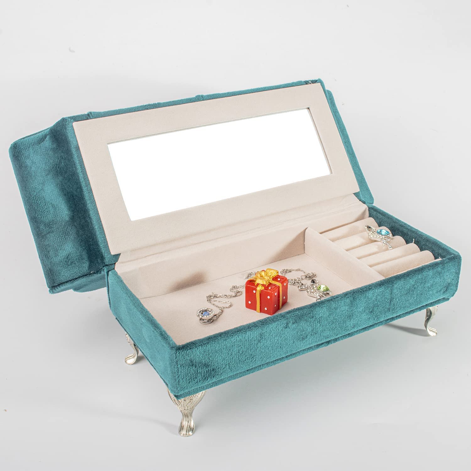 9.8 Inch Openable Dark Green Sofa Jewelry Box Armchair for Dollhouse Heart Shape Velvet Chair 1/6 Scale Dolls Accessories
