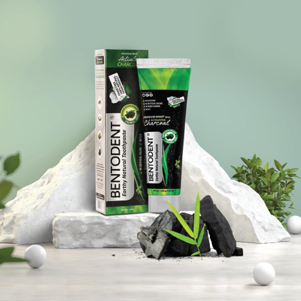 BENTODENT Teeth Whitening Bentonite Clay & Charcoal Toothpaste - Natural Teeth Whitening Charcoal Toothpaste, No SLS & Fluoride Free Toothpaste, Vegan (Activated Charcoal Mint Combo)