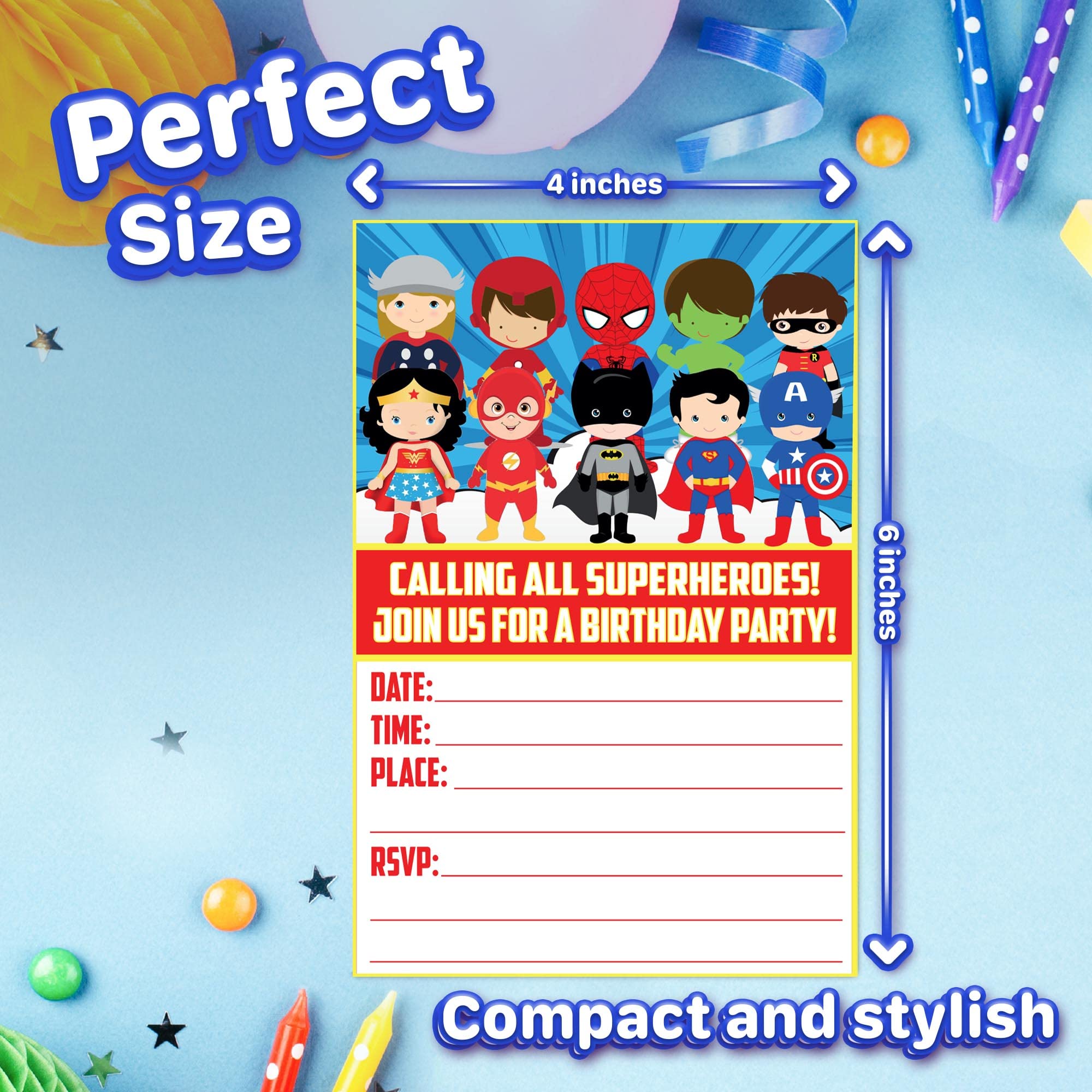 20x Super Hero Kids Birthday Invitations and Envelopes – Fill-in Happy Birthday Party Invitations for Kids, 6X4 Inches, Postcard Style