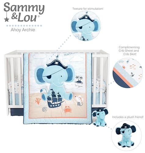 Sammy & Lou Ahoy Archie 4-Piece Baby Nursery Crib Bedding Set for Boys, Includes Quilt, Fitted Crib Sheet, Crib Skirt, and Plush Toy