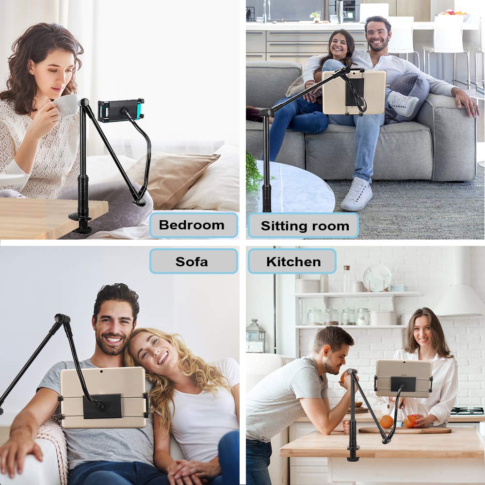 Aqonsie Phone Holder Bed Gooseneck Mount Clip with 360° Rotation Flexible & Hard Arm Bracket Compatible with iPad,Tablet,4-14" Phones, Foldable Tablet Stand for Desk Bed Kitchen Office