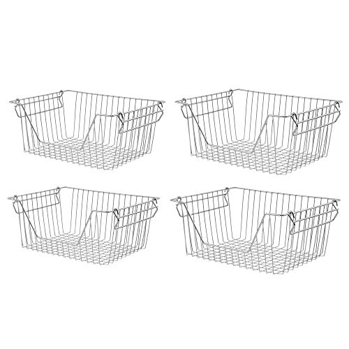 Slideep Large Stackable Storage Baskets Cabinet Organizer Sturdy Metal Wire Pantry Freezer Bin for Pantry Home Bathroom Kitchen Organization 4 Packs