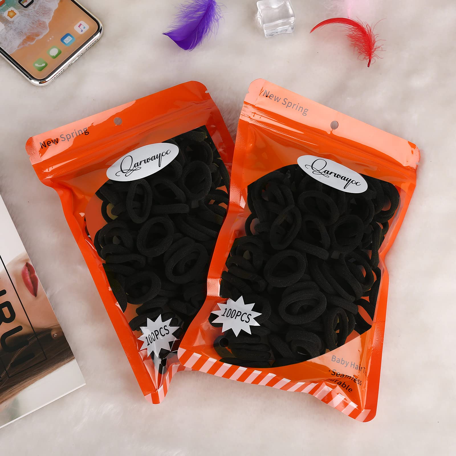 Black Seamless Hair Ties โ Cotton Hair Bands โ Tiny Elastics Ponytail Holders for Toddlers, 1 Inch in Diameter, Black, by Nspring