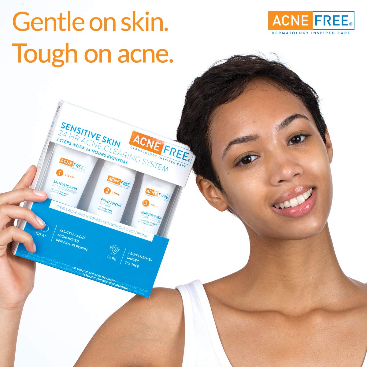 Acne Free 3-Step Acne Treatment Kit with Salicylic Acid Face Wash, Alcohol-Free Toner, & Benzoyl Peroxide Lotion for Sensitive Skin and Fighting Breakouts, 24 Hour Face Clearing System