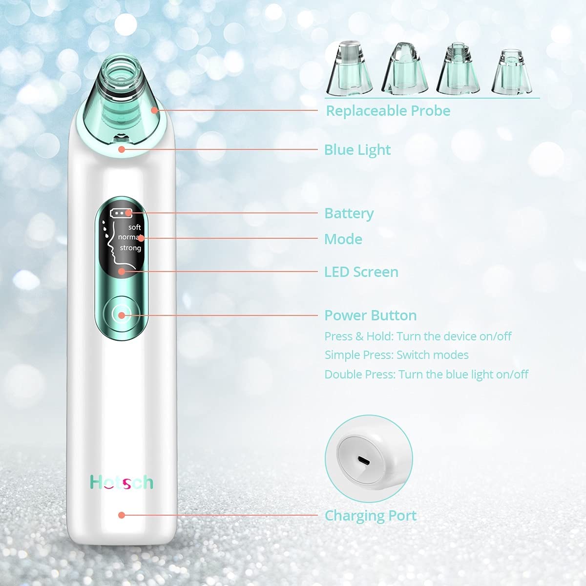 Blackhead Remover Pore Vacuum - Hotsch Blackhead Removal Tool, Pore Cleaner Electric Acne Extractor Kit, LED Display USB Rechargeable with Upgraded Blue Light 4 Replaceable Suction Probes