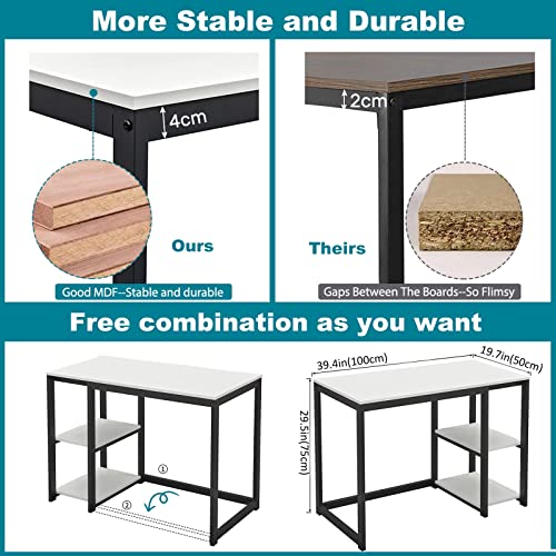 SINPAID Computer Desk 40 inch Desk with 2-Tier Shelves Sturdy White Desk, Small Desk with Large Storage Space Home Office Desks, Gaming Desk Study Writing Laptop Table for Bedrooms (White)