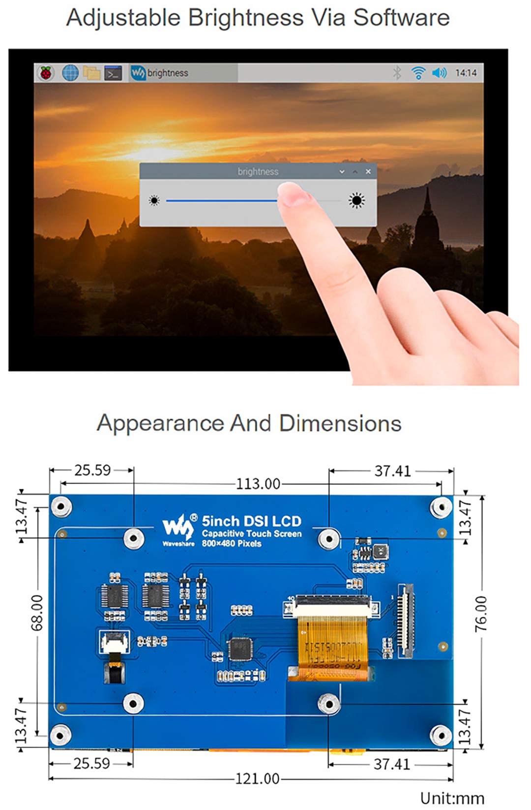 Bicool 5inch Capacitive Touch Display for Raspberry Pi 4B/3B+/3A+/3B/2B/B+/A+, cm 3/3+, 800×480, TFT Wide Angle Screen LCD, DSI Interface Refresh Rate up to 60Hz. Support Ubuntu/Kali, Win 10 IoT