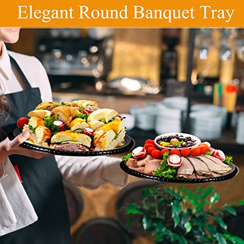 24 Pack 12 Inch Heavy Duty Serving Tray with Clear Lid and Sporks, Large Plastic Tray with Elegant Platter Round Black Disposable for Fruit Sandwich Party Takeout Food Catering Picnic