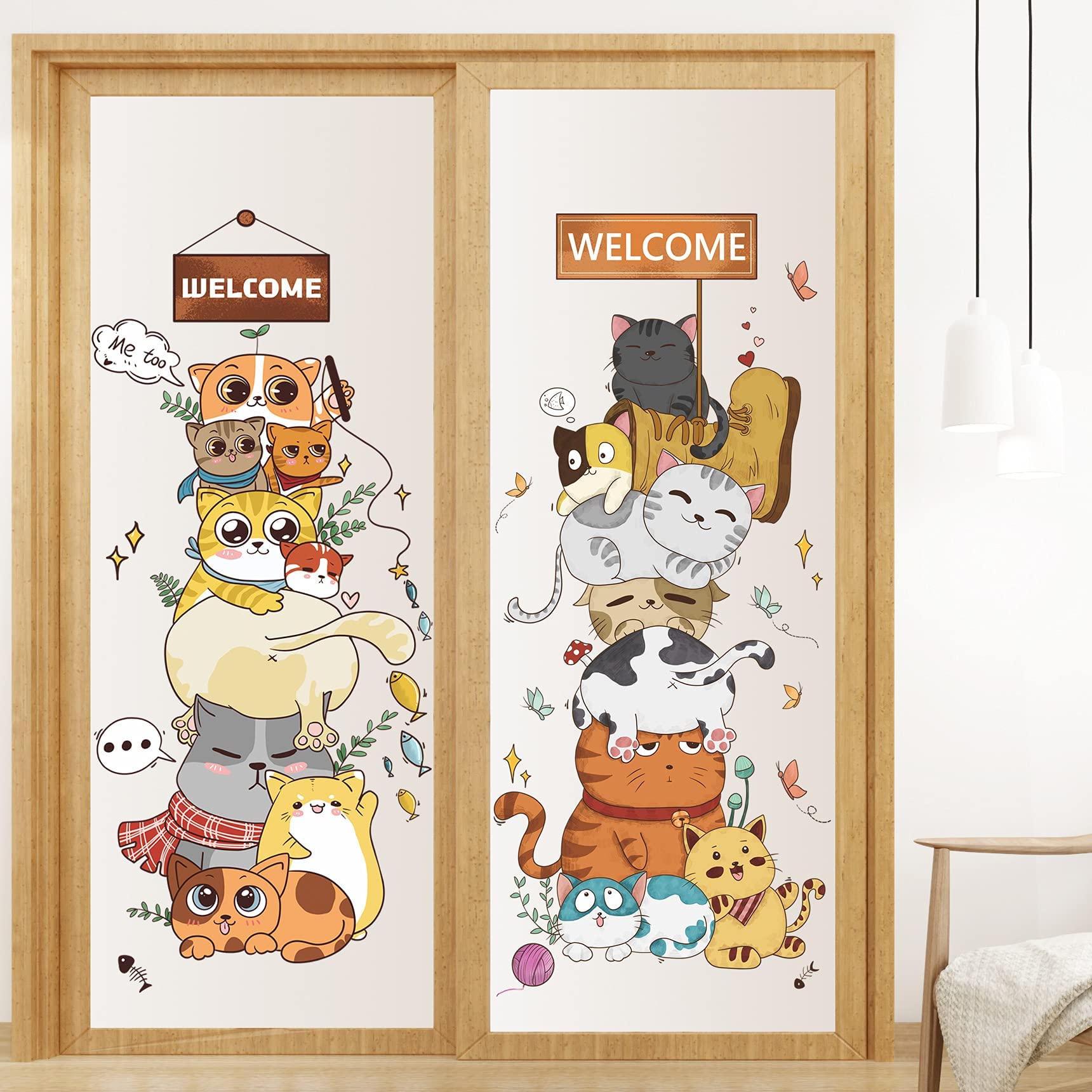 RAINBOW WSK Animal Cat Wall Decal Welcome Peel and Stick Wall Decor Funny Cat Wall Decor for Kids Girls Bedroom Nursery Cute Cat Wall Art for Classroom Door Removable Vinyl Wall Stickers
