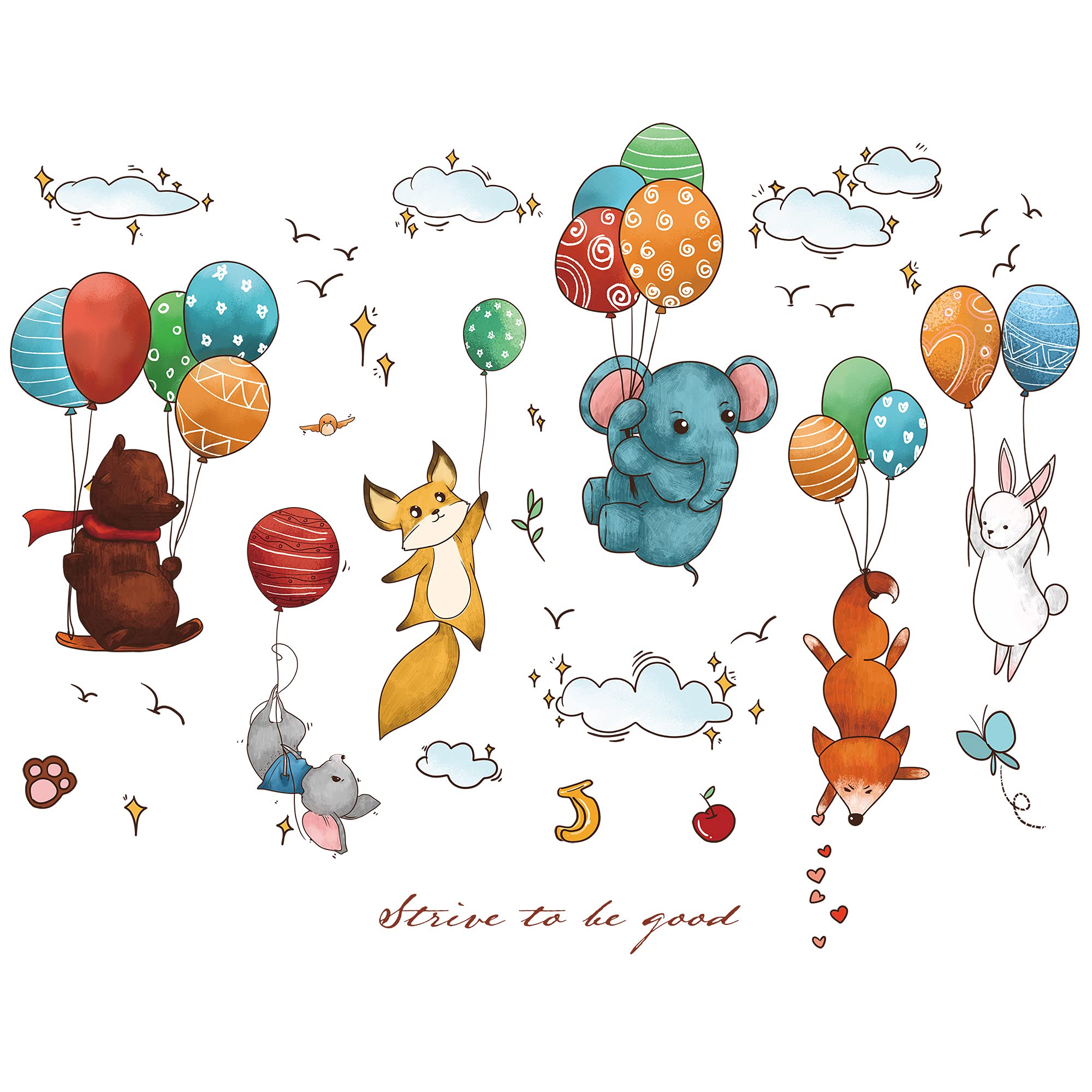 RAINBOW WSK Animals Balloons Wall Decals Elephant Rabbit Fox Bear Clouds Wall Stickers Woodland Jungle Animals Wall Decals Peel and Stick Vinyl Wall Mural Kids Bedroom Nursery Classroom Wall Decor
