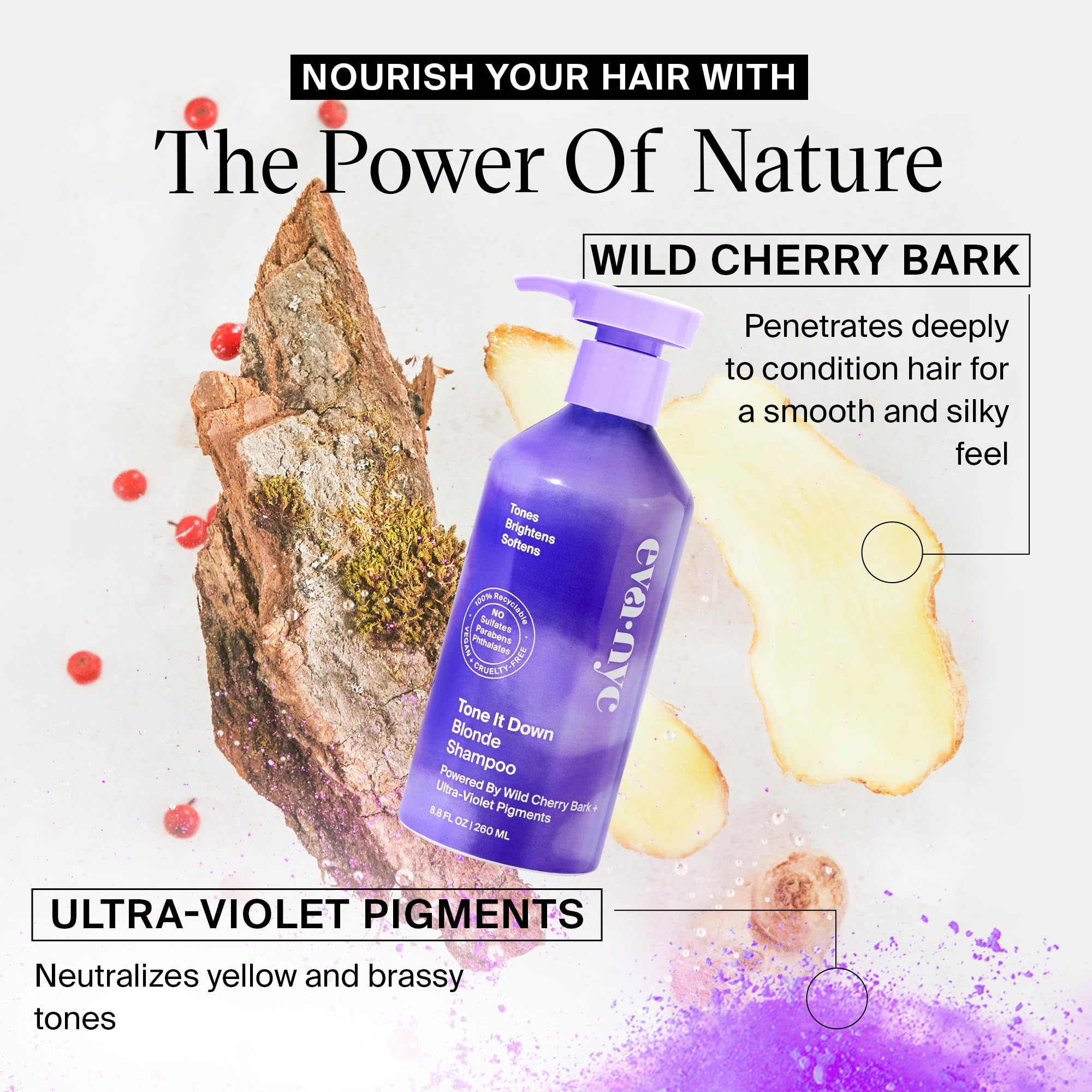 Eva NYC Tone It Down Purple Shampoo for Brightening Blonde Hair, Eliminating Brass & Yellow Tones - Moisturizing & Vegan, 8.8 oz