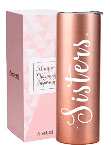 Sister Gifts from Sisters, Insulated Stainless Steel Tumblers with Lids and Straws, For Birthday/Christmas, "Side by Side or Miles Apart, Sisters are Always Connected by Hearts"(20 oz) Rose gold