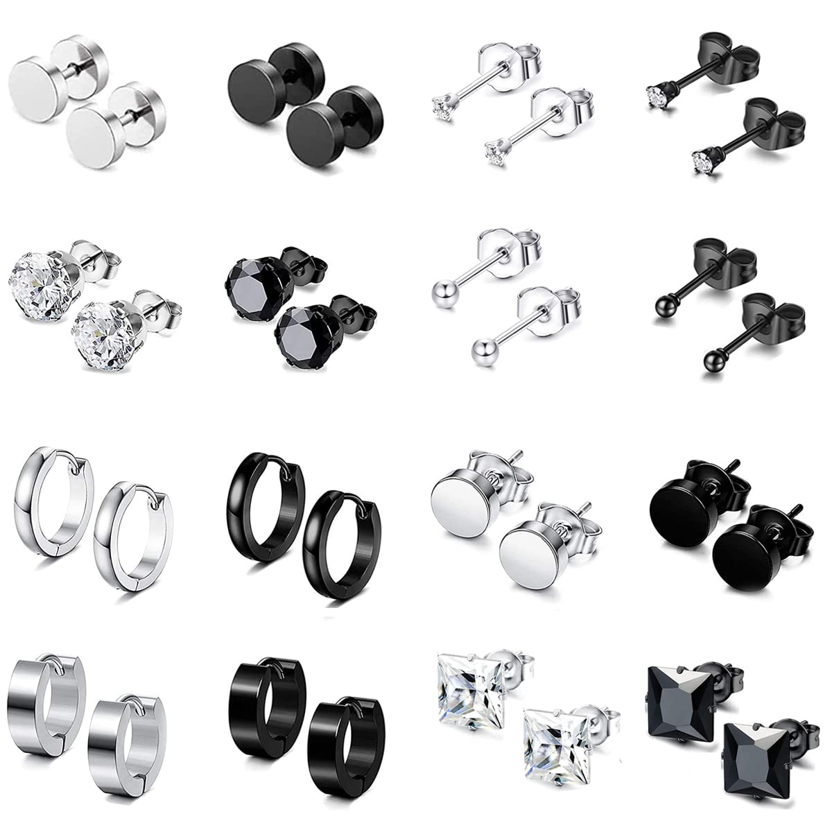 16 Pairs Black Earrings for Men Black Stud Earrings men's earrings Set Huggie Hoop Surgical Stud Earrings for Women