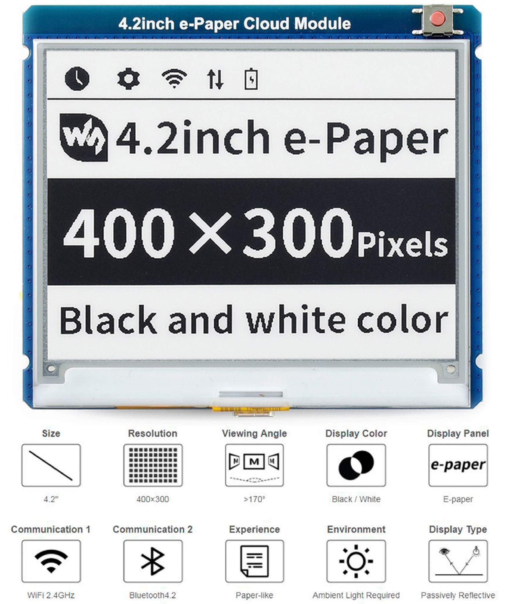 Bicool Waveshare 4.2inch E-Paper Cloud Module 400×300 Pixels e-Ink Display, Bluetooth 4.2 Connectivity Paper-Like Effect,Long Battery Life Support Quick Charge, 4.2inch WiFi e-Paper Display