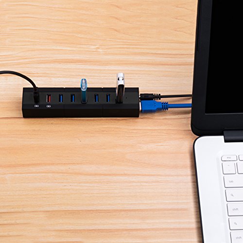 8-Port USB Hub, TOPESEL 36W 6 High Speed USB3.0 Data Transfer Ports, 1 BC1.2 and 1 Smart Charging Ports USB Hub USB Splitter with Power Adapter for PC, USB Flash Drives, Mouse and More (Black)
