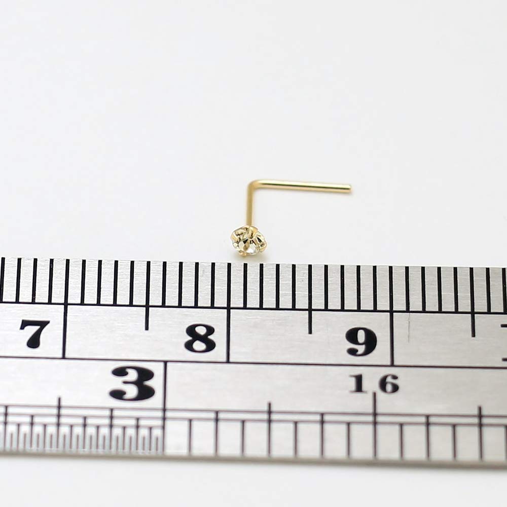 14K Yellow Gold Claw Set 2.5MM Clear Round Crystal Stone 22 Gauge L Shape Nose Stud Piercing Jewelry
