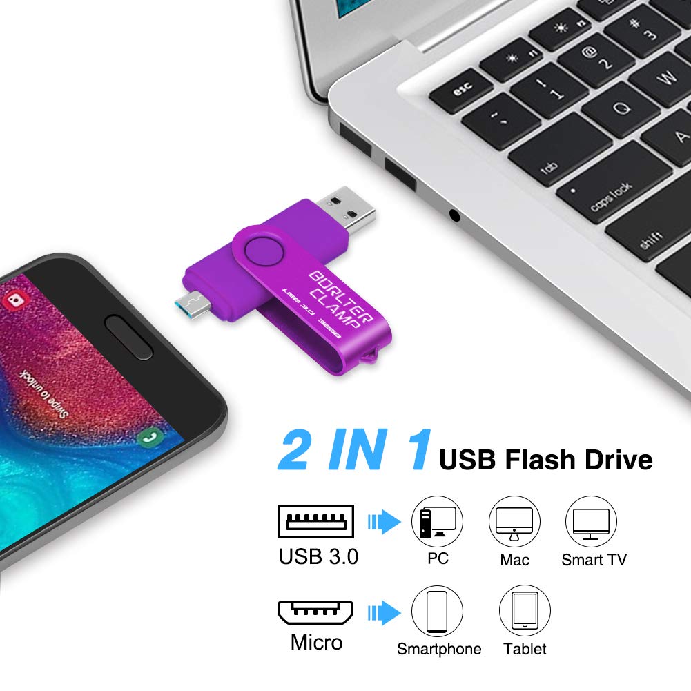 BorlterClamp 32GB USB 3.0 Flash Drive Dual Port Memory Stick, OTG Thumb Drive with Micro USB Drive Port for Android Smartphone Tablet & Computer (Purple)
