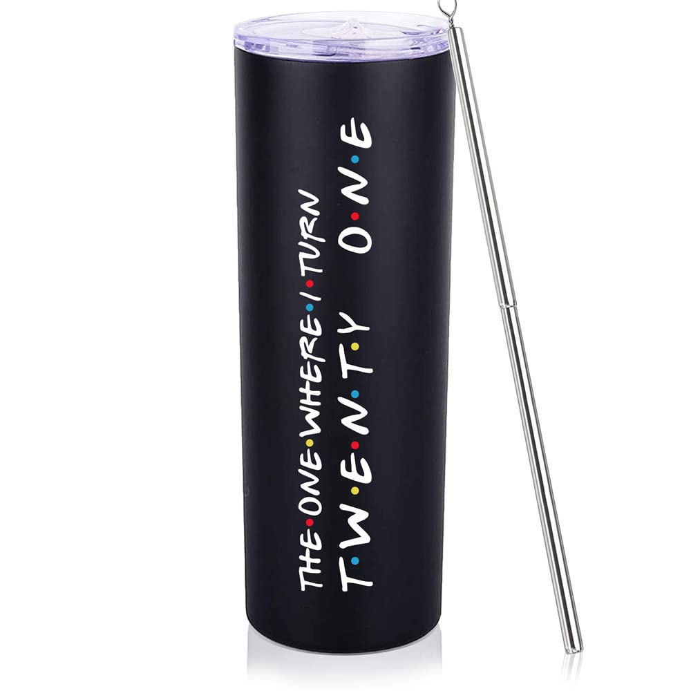 21st Birthday Gifts For Her 21st Birthday Decorations For Her 20 OZ Black Skinny Wine Tumbler Turn 21 Travel Cup With Lid Straw Happy 21 Year Old Bday Presents For 2003 Born Women Girls Female