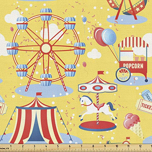 Ambesonne Circus Fabric by The Yard, Amusement Park Pattern with Ferris Wheel Popcorn Ice Cream Tent, Decorative Fabric for Upholstery and Home Accents, 1 Yard, Mustard Vermilion