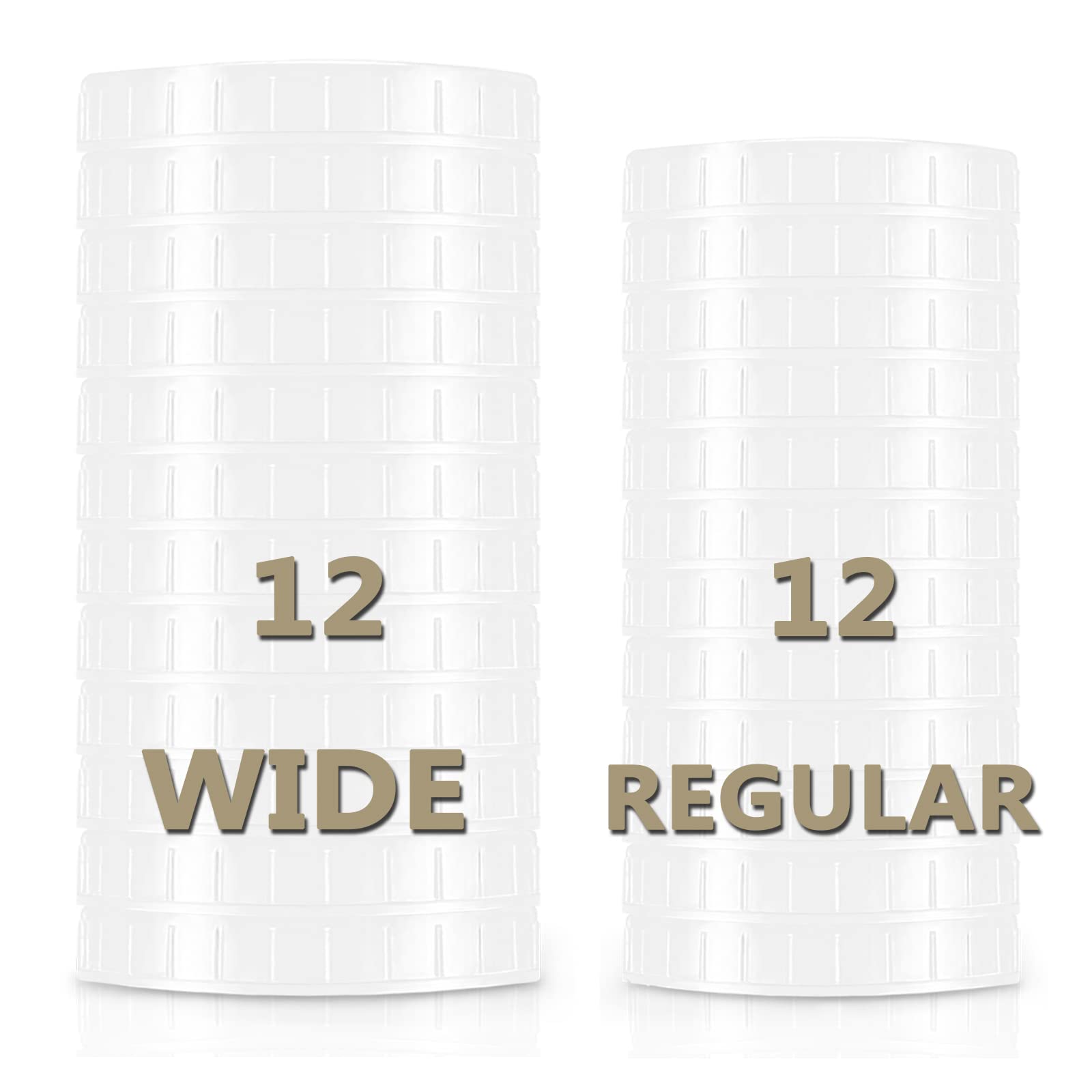 12 Wide Mouth Plastic Mason Jar Lids and 12 Regular Mouth White Canning Lids with Silicone Seals Rings Fits Ball/Kerr Jars, Leak-Proof & Anti-Scratch Surface, 24 Pack