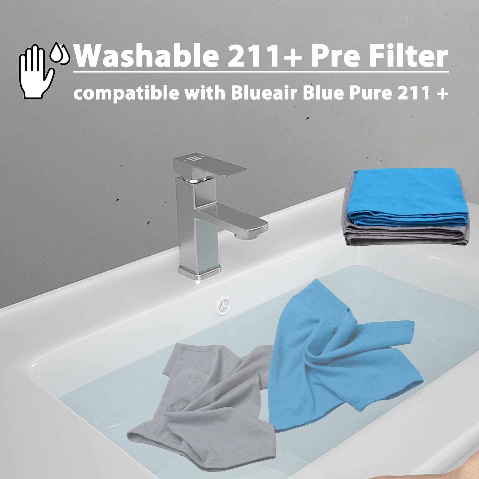 4 Pack 211+ Washable Pre-Filters Replacement Compatible with Blueair Blue Pure 211+, Filter for Diva Blue, Lunar Rock etc