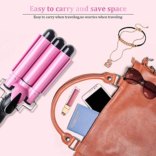 3 Barrel Curling Iron-Dual Voltage Hair Crimper,1 Inch Ceramic Tourmaline with Temperature Adjustable Hair Waver Style Tool(Pink)