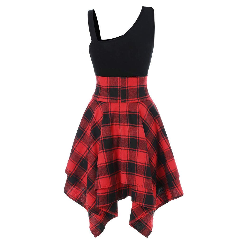 F_Gotal Women's Vintage Sleeveless Cold Shoulder Dress Lace Up Plaid Print Irregular Swing Dress Evening Party Cocktail Red