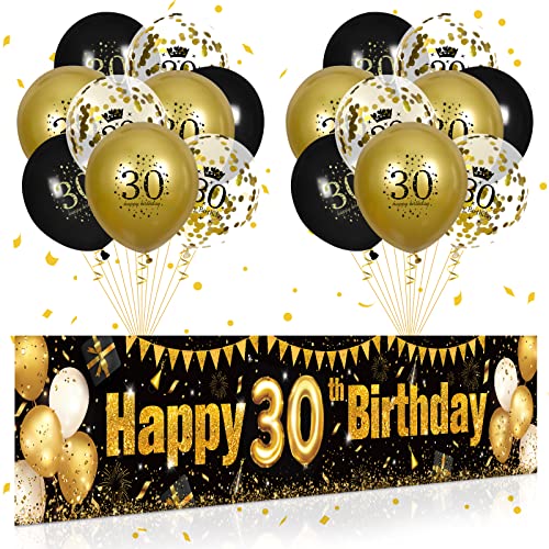 30th Birthday Decorations for Men Women Black and Gold, Black Gold Birthday Yard Banner Sign and 18 PCS 30th Happy Birthday Balloons for 30th Anniversary Birthday Party Supplies Outdoor Yard Decor
