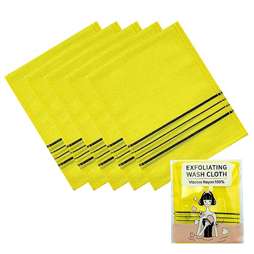 Exfoliating Bath Washcloth Yellow 5pcs, Korean Asian Exfoliating Mitt, Shower Glove, Removing Dry Dead Skin Cells, Cleaning Pores, Reusable, K-Beauty Body Care Item