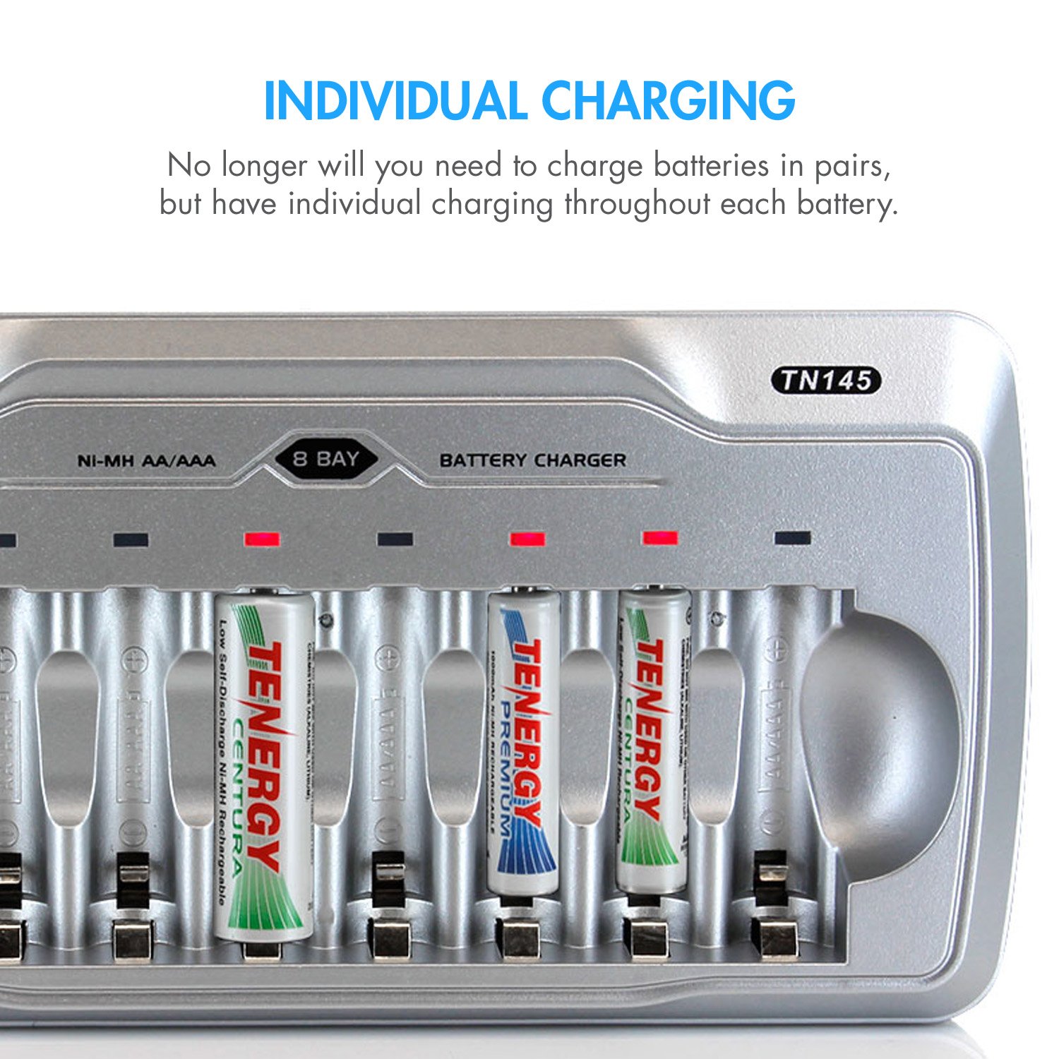 Tenergy TN145 8 Bay Charger and 4 Pack Rechargeable AA Batteries and 4 Pack Rechargeable AAA Batteries, Independent Charging, UL & CE Certified