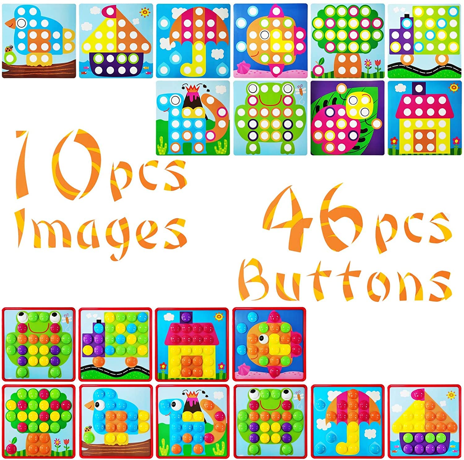 58 Pcs Button Art Toys for Toddlers,Toddler Activities Crafts for Toddlers 2-4 Years,Color Matching Mosaic Pegboard Early Learning Educational Toys,Include 12 Pictures and 46 Buttons with Box