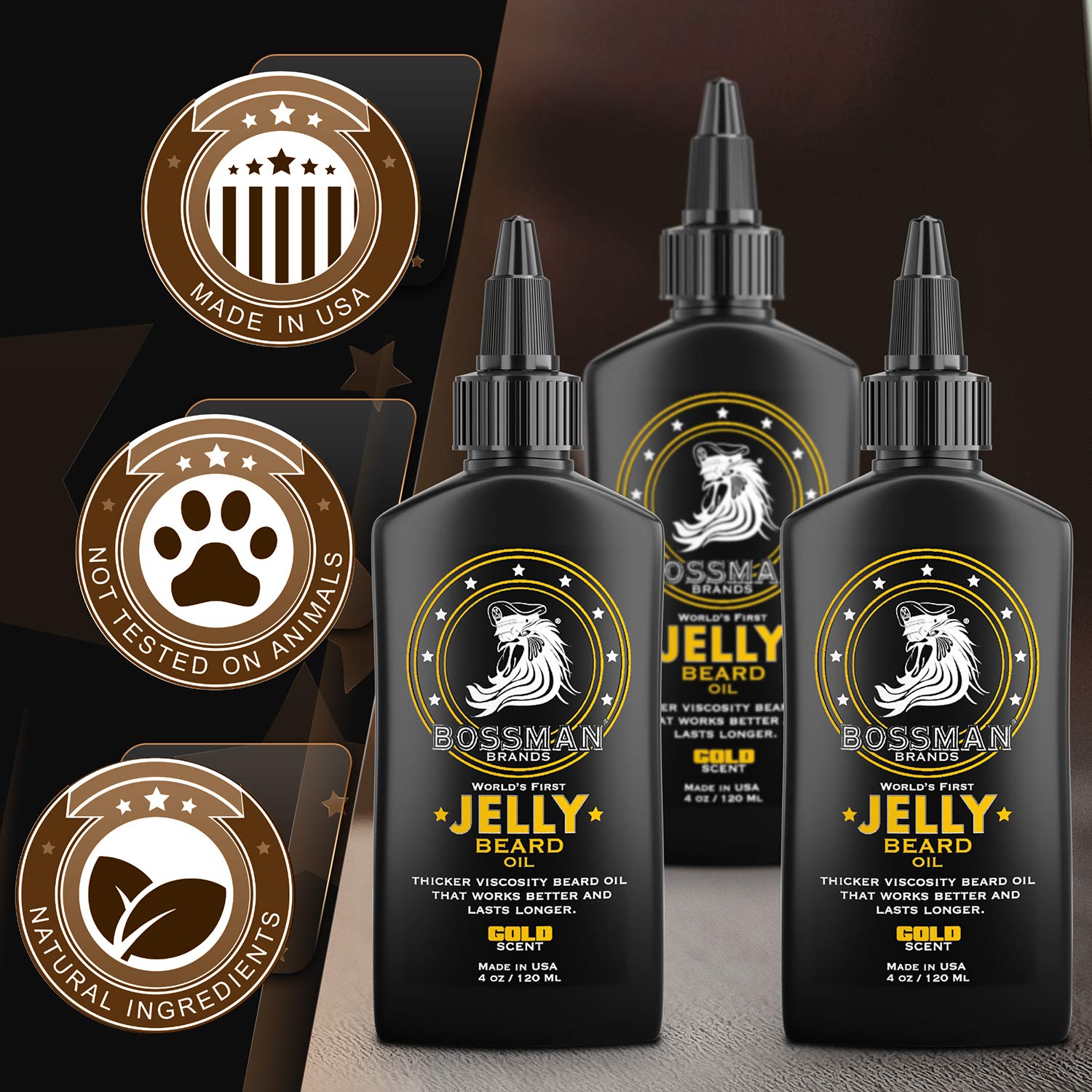 Bossman Beard Oil 4oz, Thicker consistency Jelly - Made in USA - Longer Lasting - Bigger Bottle - Natural Ingredients - Non Greasy - 3 Pack (Gold)