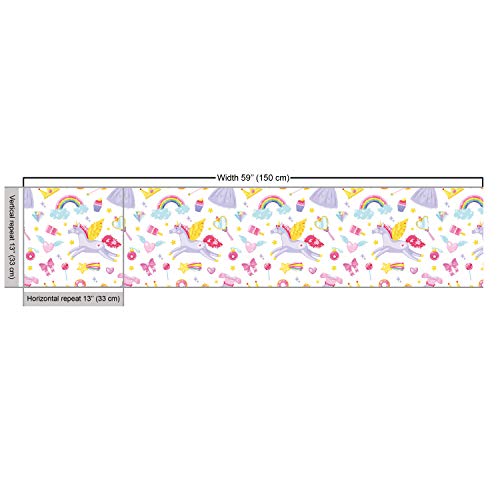 Ambesonne Rainbow Fabric by The Yard, Repetitive Unicorn Pegasus with Funny Cartoon Items, Decorative Fabric for Upholstery and Home Accents, 1 Yard, Lilac Yellow