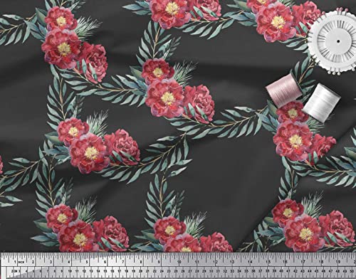 Soimoi Black Cotton Canvas Fabric Leaves & Peony Floral Print Sewing Fabric Yard 44 Inch Wide