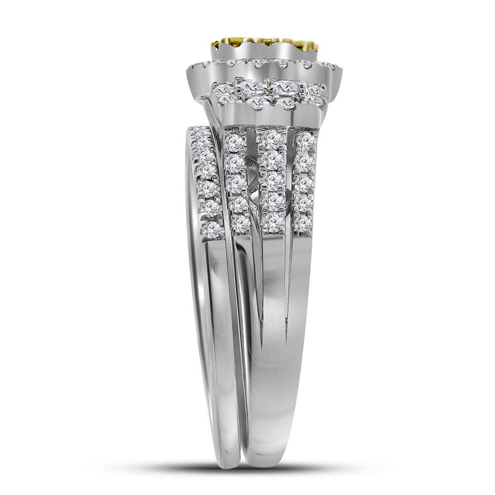 14kt White Gold Womens Round Yellow Diamond Bridal Halo Wedding Engagement Ring Band Set 1.00 Cttw