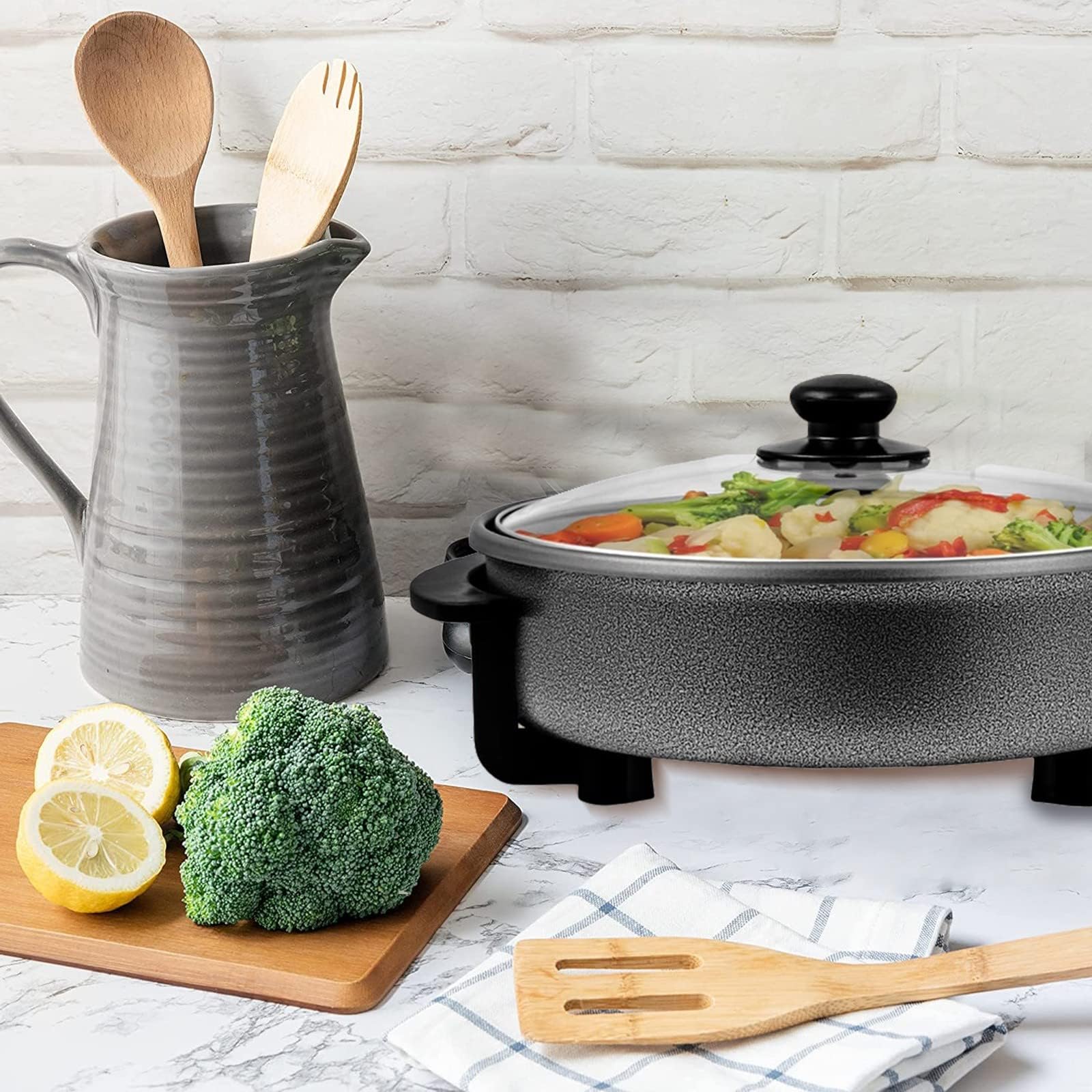12-Inch Nonstick Electric Skillet - Aluminum Coated Grill Pan & Glass Lid Cover