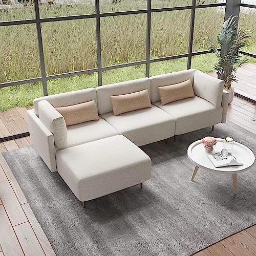 MGH 143''Convertible Sectional Sofa , Modern Linen Fabric U-Shape Modular Couch 4-Seat Sofa Sectional with Reversible Ottomans for Apartment Living Room Furniture Sets, Beige (HQ-023B)