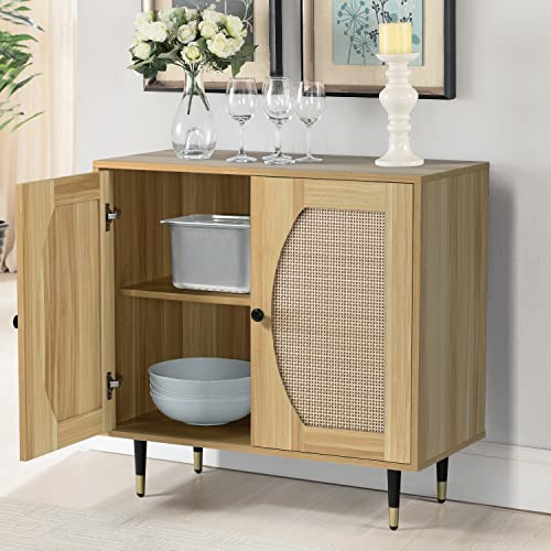 4ever2buy Rattan Buffet Cabinet Sideboard with Storage, Kitchen Accent Cabinet with Woven Natural Rattan Doors, Entryway Cabinet with Adjustable Shelves,Console Tables for Living Bedroom Dining Room