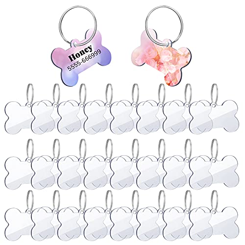 24 Pieces Blank Acrylic Dog Tag Bone-Shaped Acrylic Dog ID Tags with 24 Pieces Key Chain Rings for DIY Dogs and Cats Pet Name Number Tags Crafts Decorations, 1.49 x 1 Inch