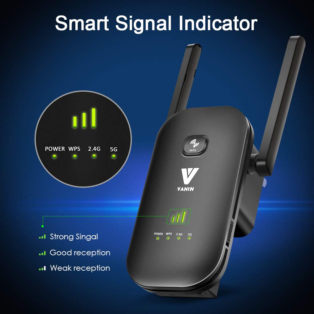 VANIN WiFi Range Extender -1200Mbps WiFi Repeater Wireless Signal Booster 2.4 & 5GHz Dual Band WiFi Extender with 2 Gigabit Ethernet Port, AP & Router Mode, 360°Full Coverage, Simple Setup
