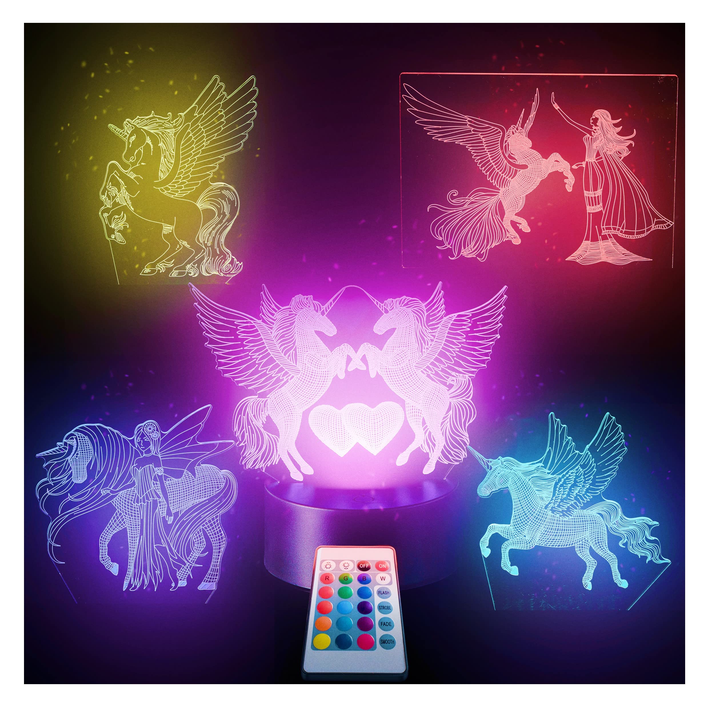 5in1 Unicorn Night light- 3D NightLight - For Girls Room, Kids. 5 Patterns 16 Color Changing Bedside lamp with Remote For Teens of all Ages. Best Unicorn Led Optical Illusion Lamp for Room Décor.