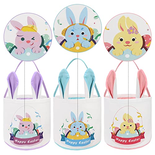 Asbtos 3 Pack Easter Basket, Bunny Baskets for Kids with Cute Rabbit Ears Stripe Storage Gifts Candies, Blue, Pink, Purple(9 x 9 x 14 inches)