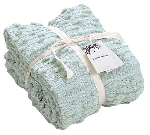 ACCENTHOME Cotton Throw Blanket with Tufted Decorative Design | 50''X60'' Cozy Chenille Knit Lightweight Boho Chic Blankets | Sage Soft Fringe Tassel Blankets for Couch, Bedroom, Living Room Sofa